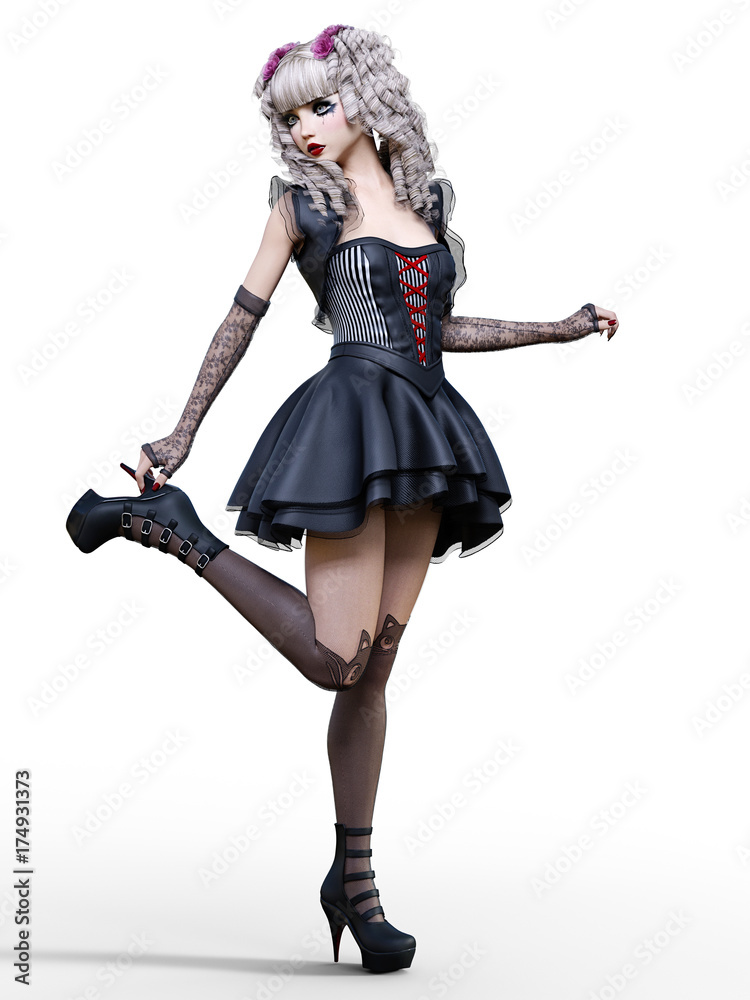 Beautiful young goth woman posing photo shoot. Short black dress, dark ...