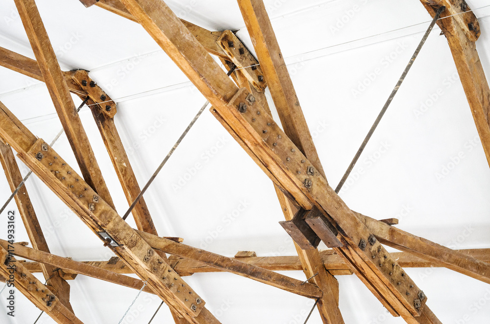 Wooden Roof Structure in White Bright Interior. Old Rafters in the Loft ...