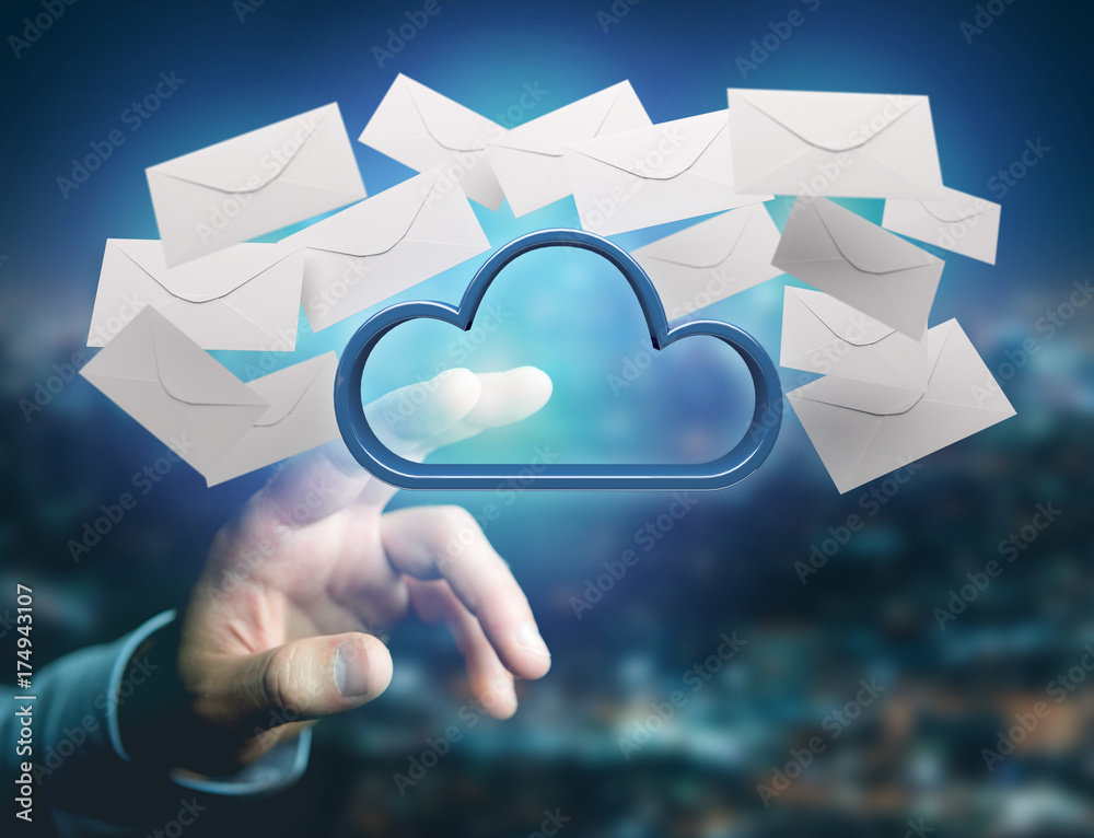 Blue cloud surrounded by realistic envelope email displayed on a ...