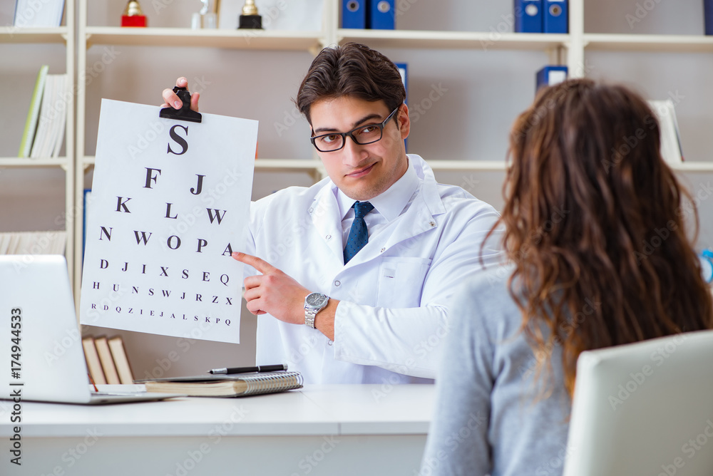 Doctor optician with letter chart conducting an eye test check Stock ...