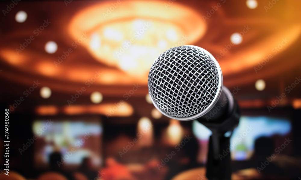 Microphone on abstract blurred of speech in seminar room or speaking ...