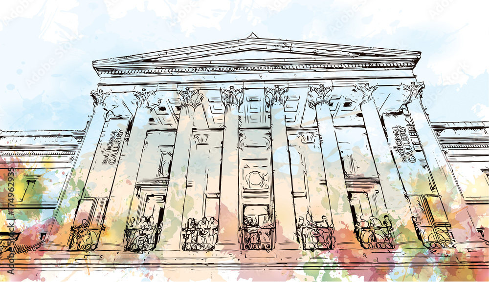 Watercolor sketch of National Museum London, the capital of England and ...