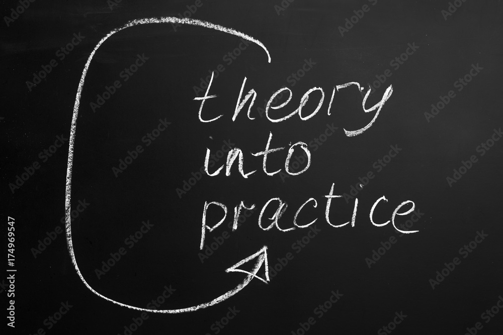 Theory into practice text on a blackboard Stock-Illustration | Adobe Stock