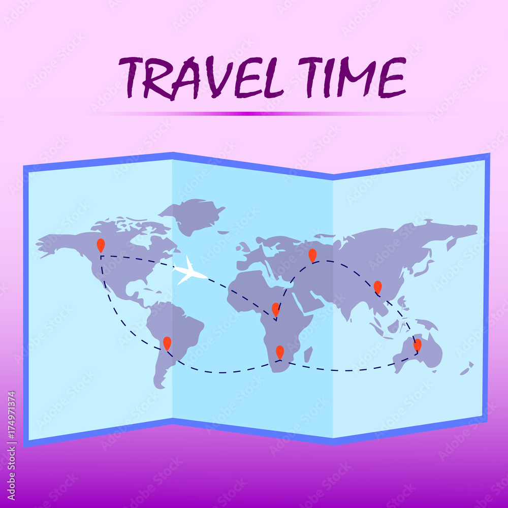 Travel time.Folded world map with route on pink background. Vector ...