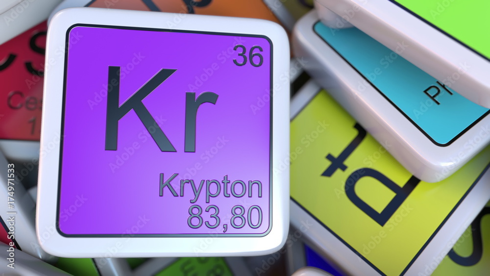 Krypton Kr block on the pile of periodic table of the chemical elements ...