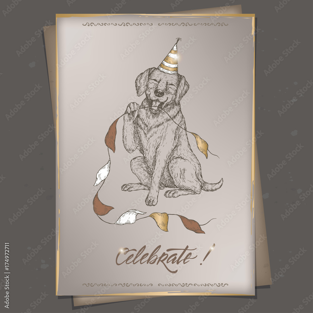 Romantic A4 format vintage birthday card template with calligraphy, dog ...