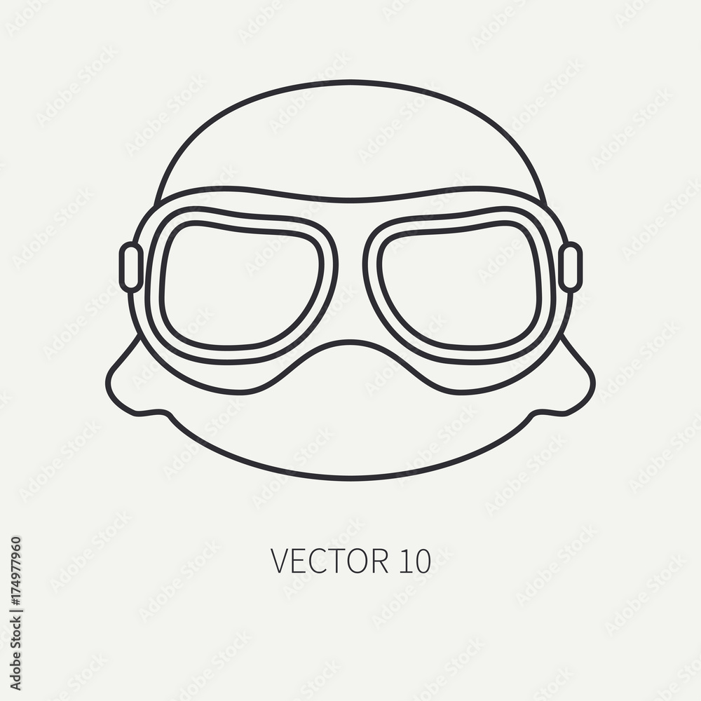 Line flat plain vector motorcycle icon helmet, glasses. Legendary retro ...