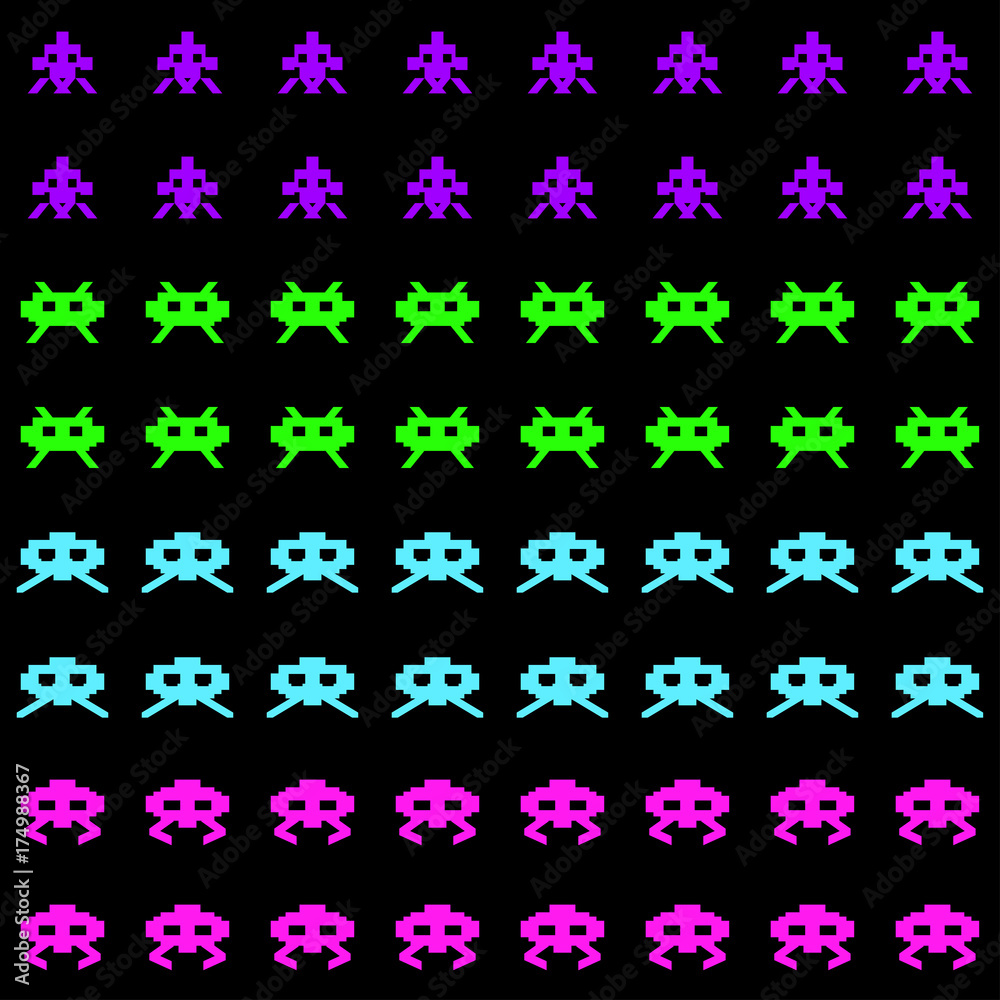 Seamless pattern with aliens or monsters. Retro style pixel video game ...