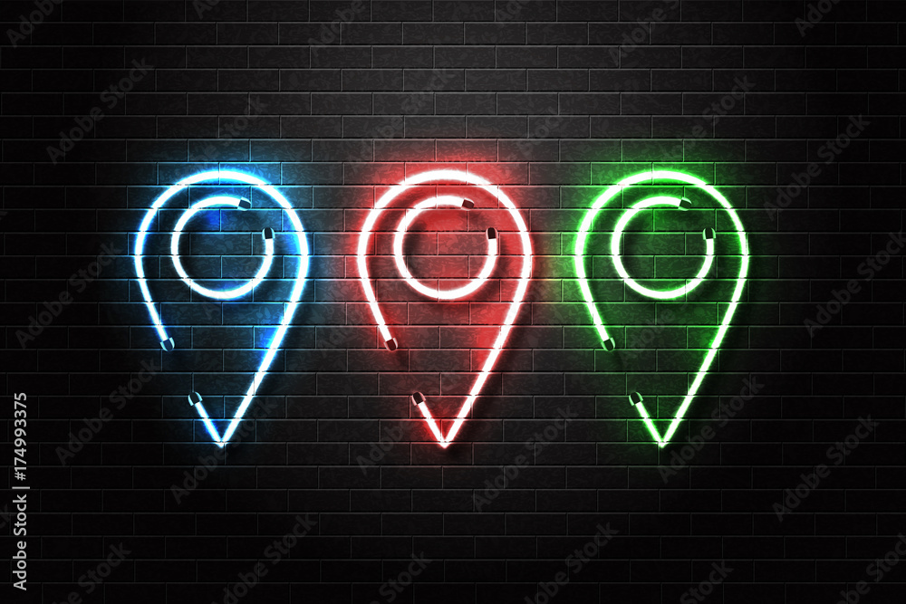 Vector realistic isolated neon signs of map pins for decoration and ...