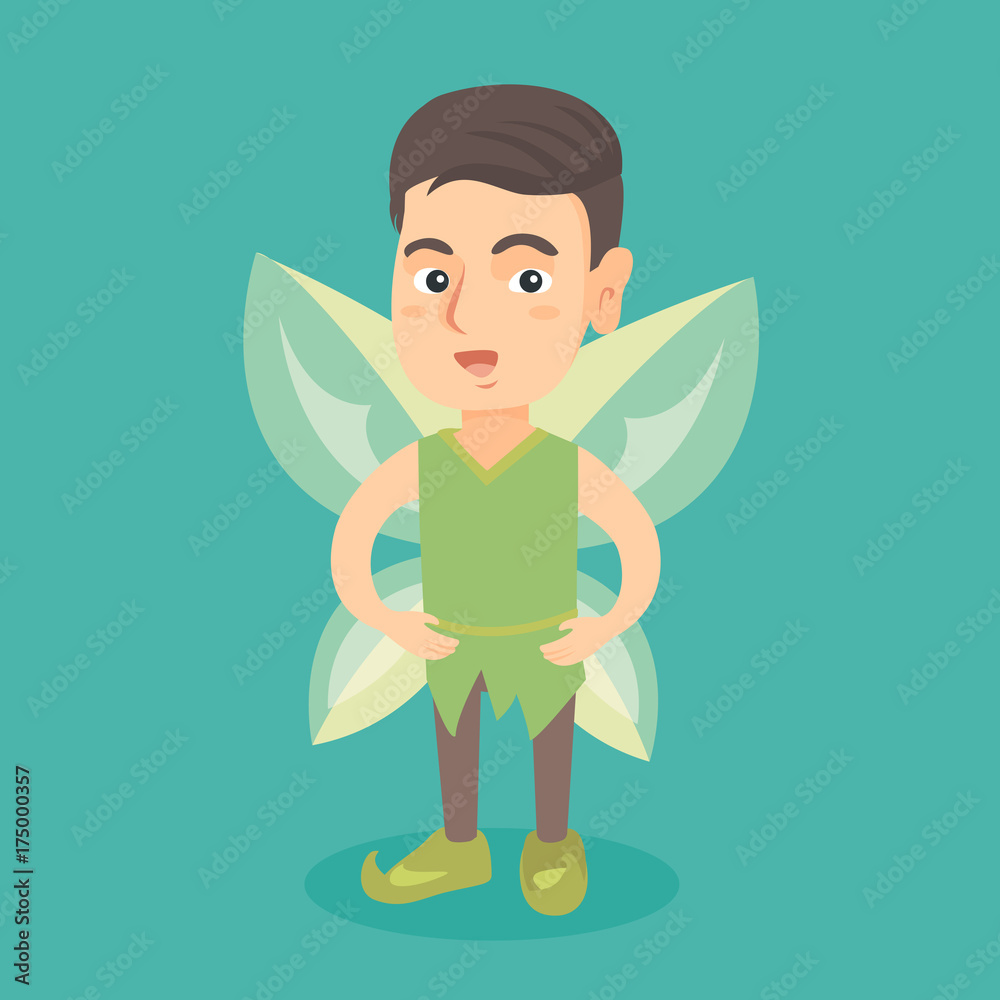 Little caucasian fairy boy with green butterfly wings. Boy dressed in ...