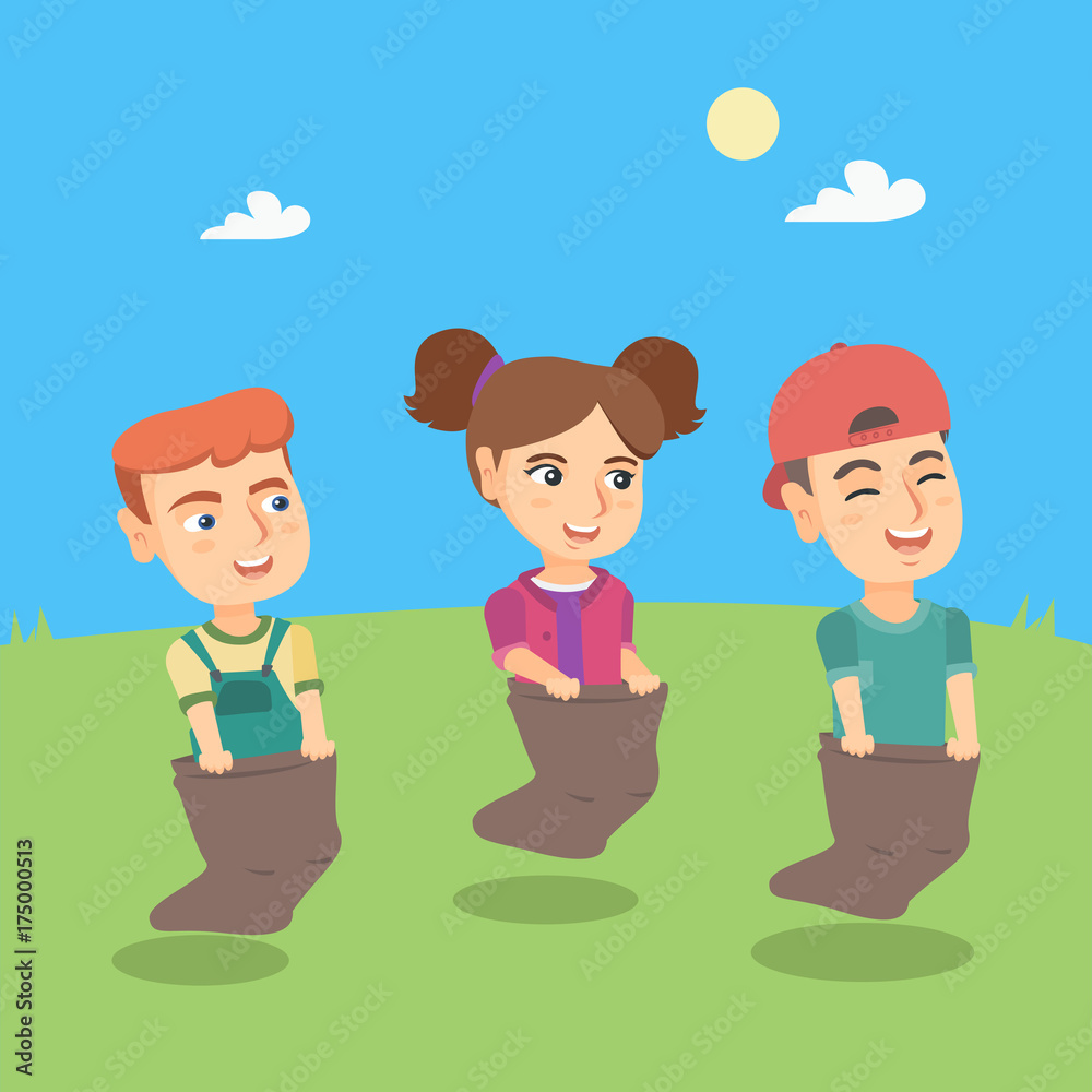 Group of caucasian children jumping in sacks on the field. Little ...