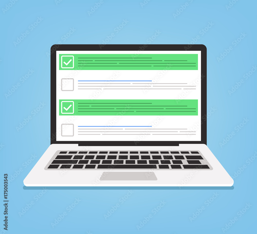Laptop and checkboxes with check mark. Checklist concept. Vector flat ...