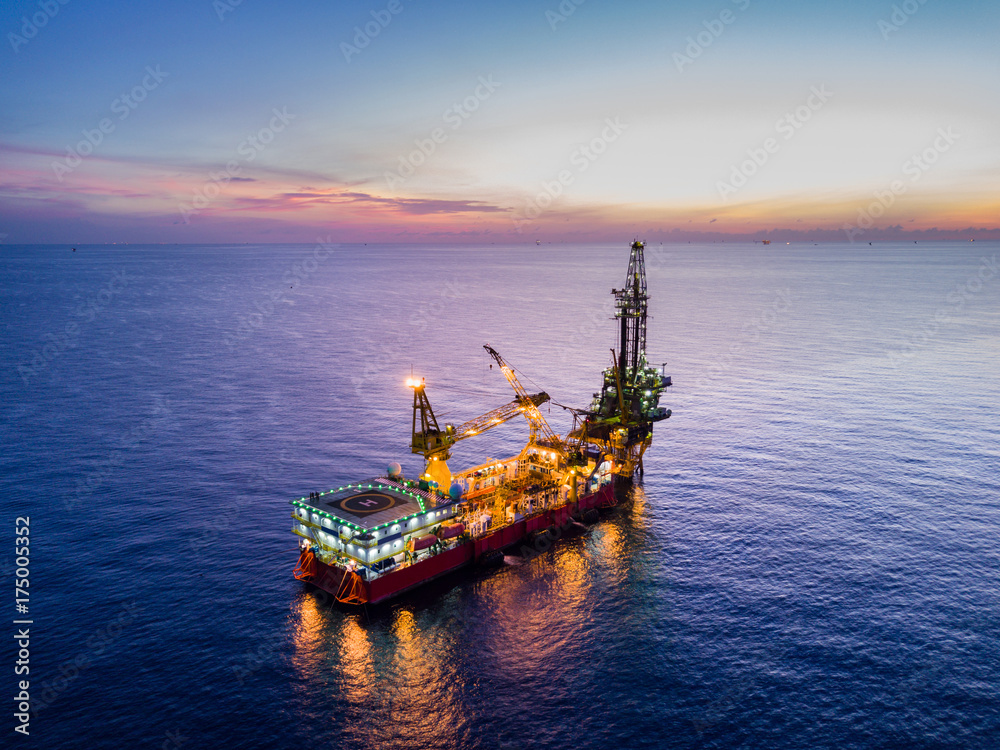 Aerial View of Tender Drilling Oil Rig (Barge Oil Rig) in The Middle of ...