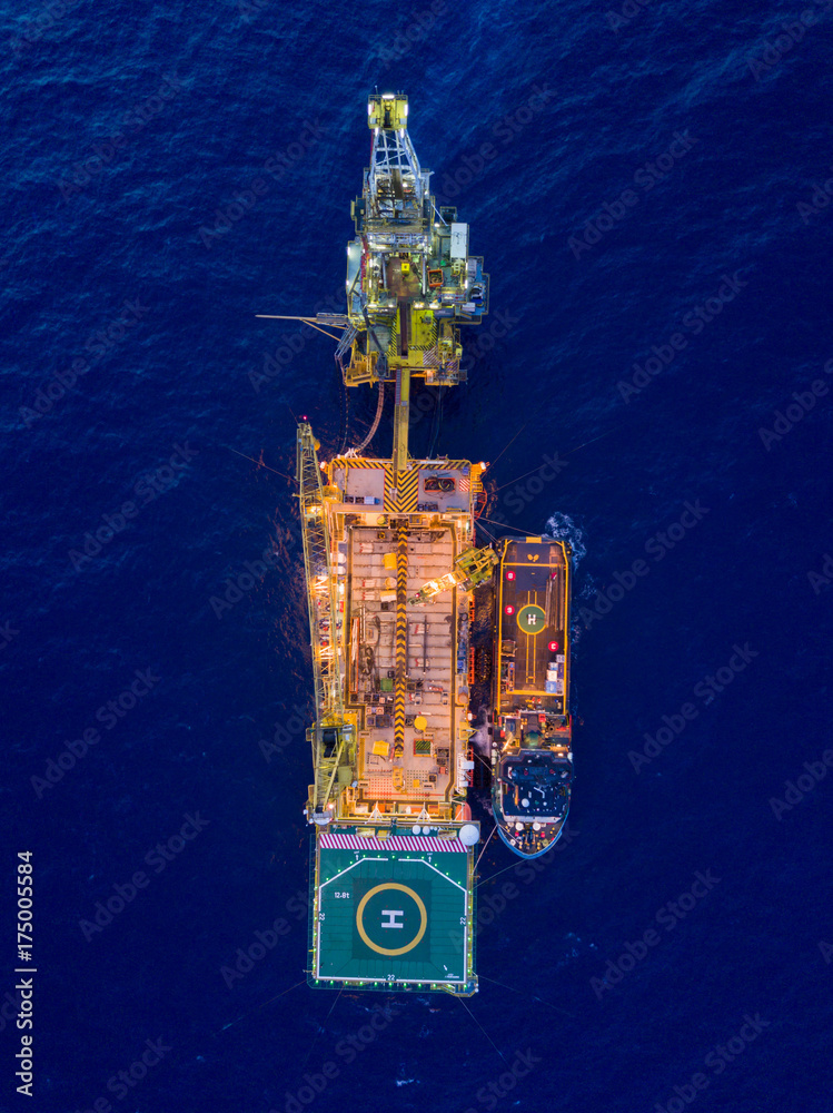 Aerial View of Tender Drilling Oil Rig (Barge Oil Rig) in The Middle of ...