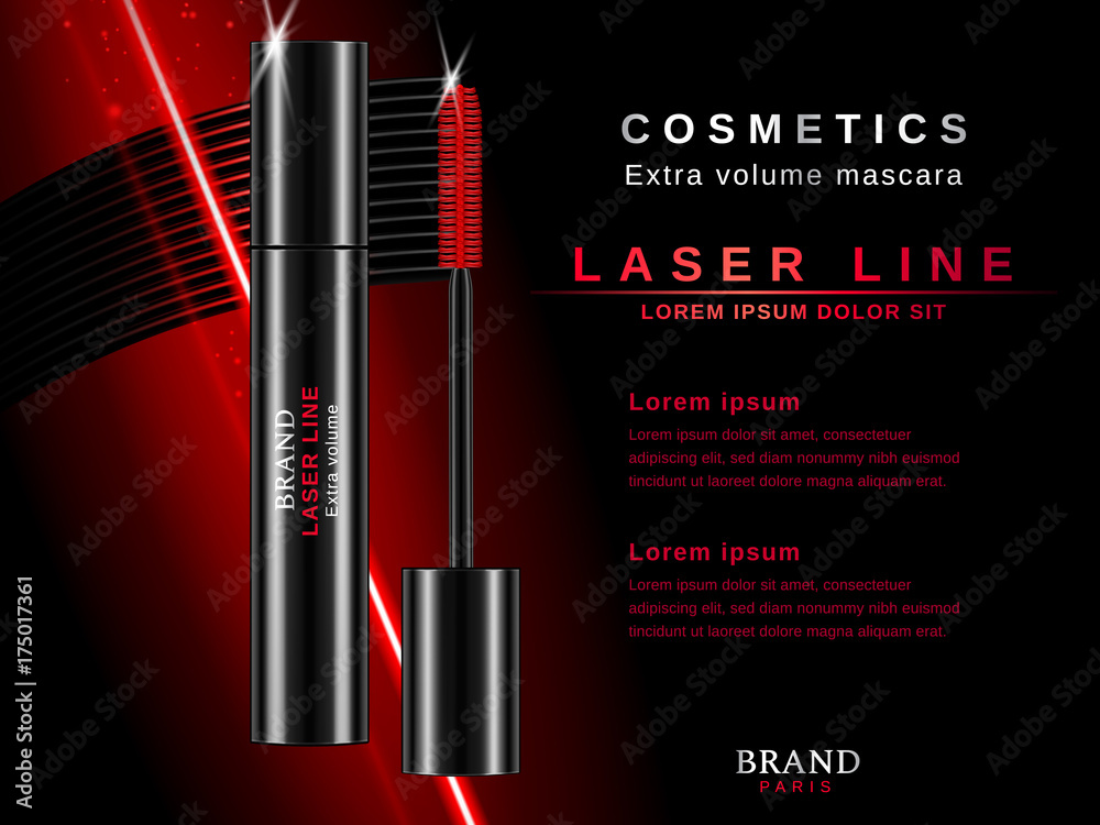 Curling mascara ads, cosmetic template in 3d illustration with brush ...