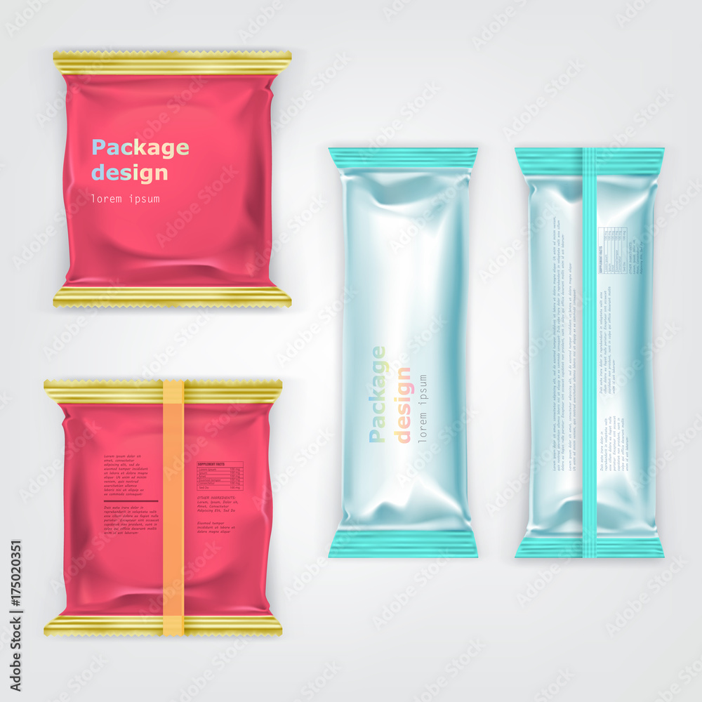 Colorful, branded with ingredients list on back plastic or foil square ...