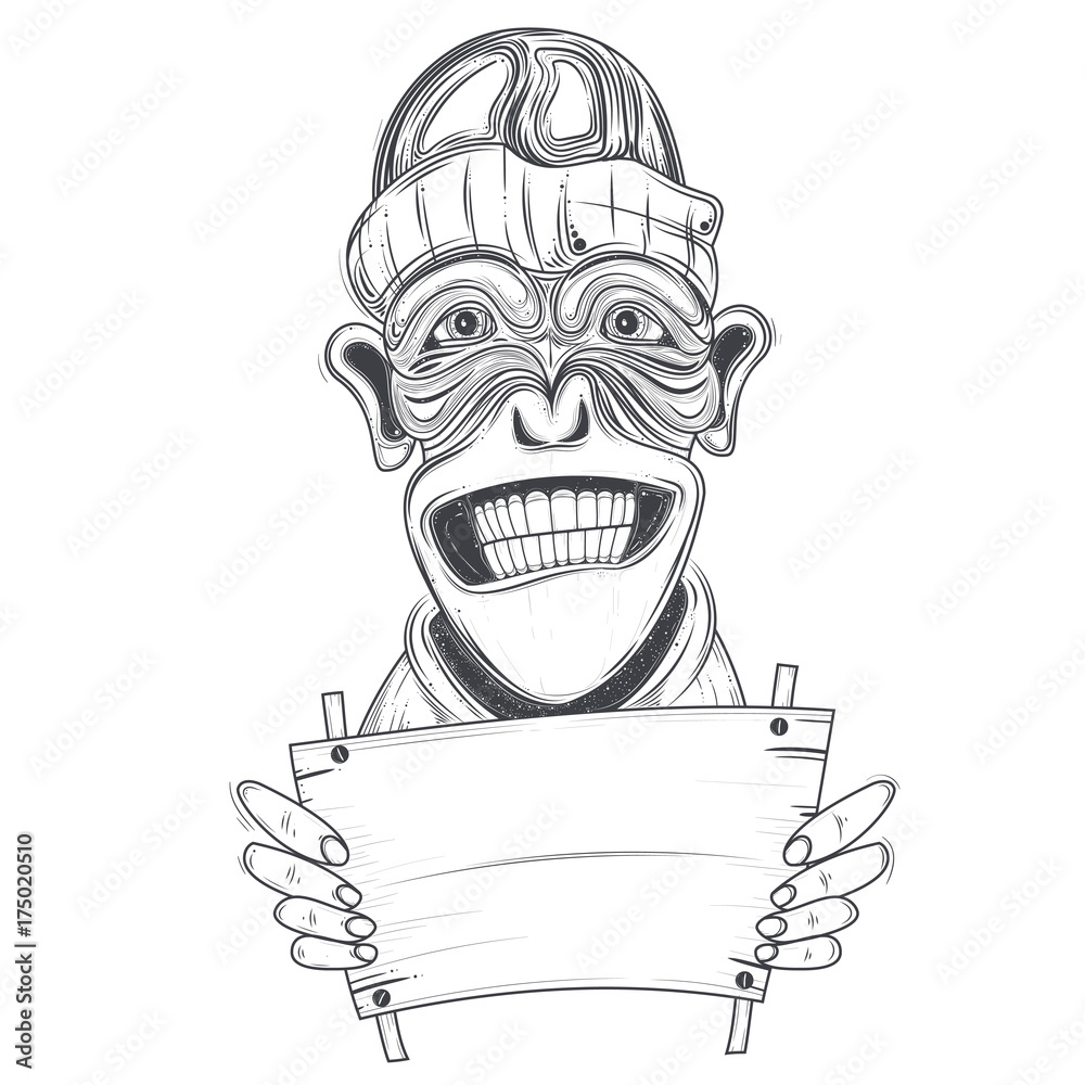Funny ape in hat with toothy smiling face holding blank wooden board ...
