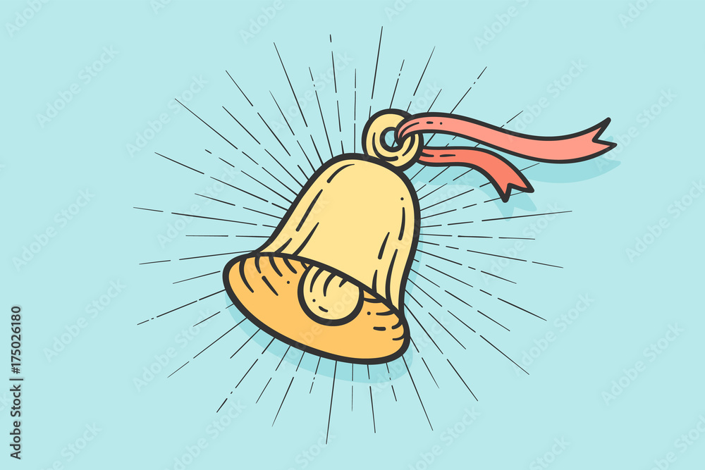 Sign bell with light rays, sunburst vintage retro graphic in engraving ...