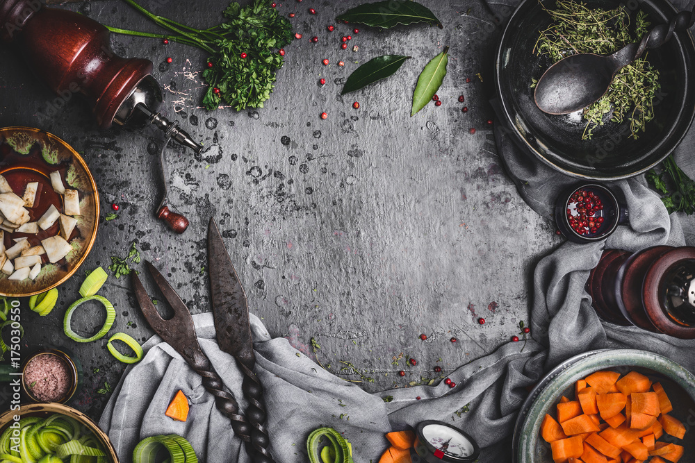 Rustic food cooking kitchen table background with vegetarian ...