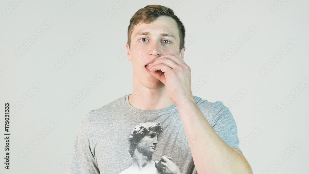 Young man chews gum. Man face, opening mouth for chewing gum, mint ...