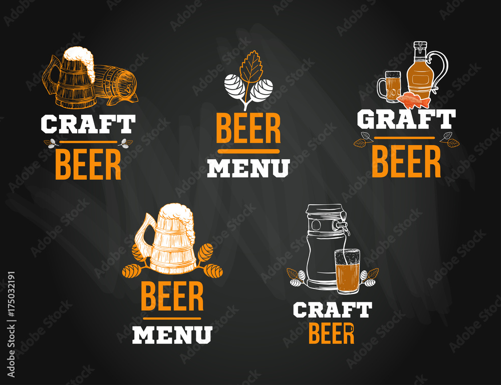 Beer menu logo or emblem templates set in sketch hand drawn style on ...