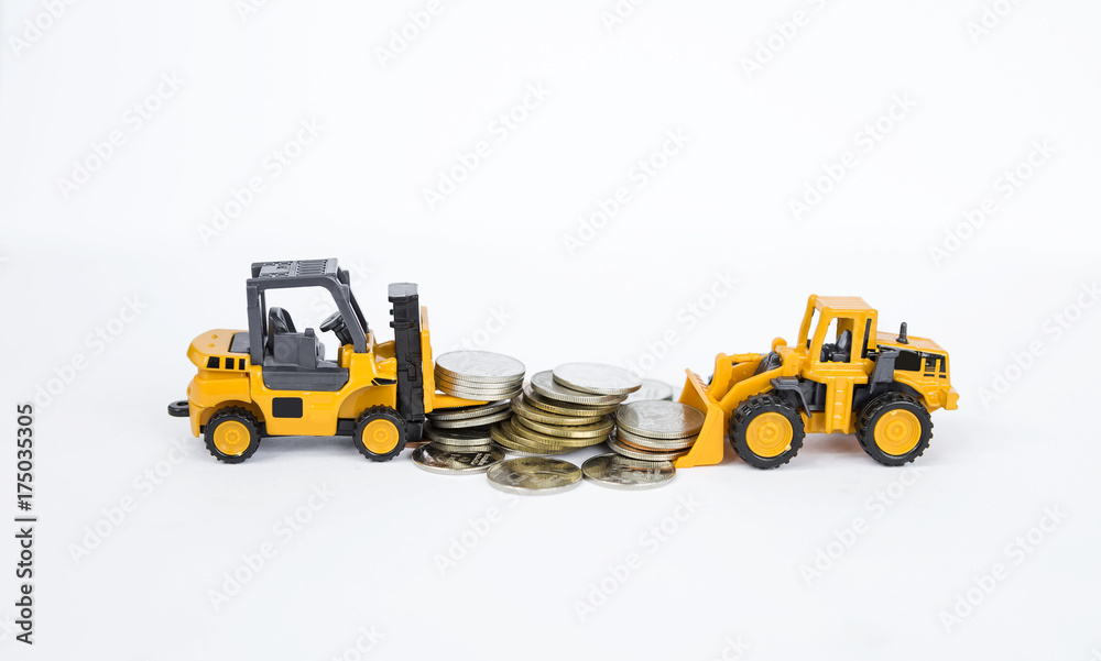 Yellow truck moving money on white background, business and financial ...