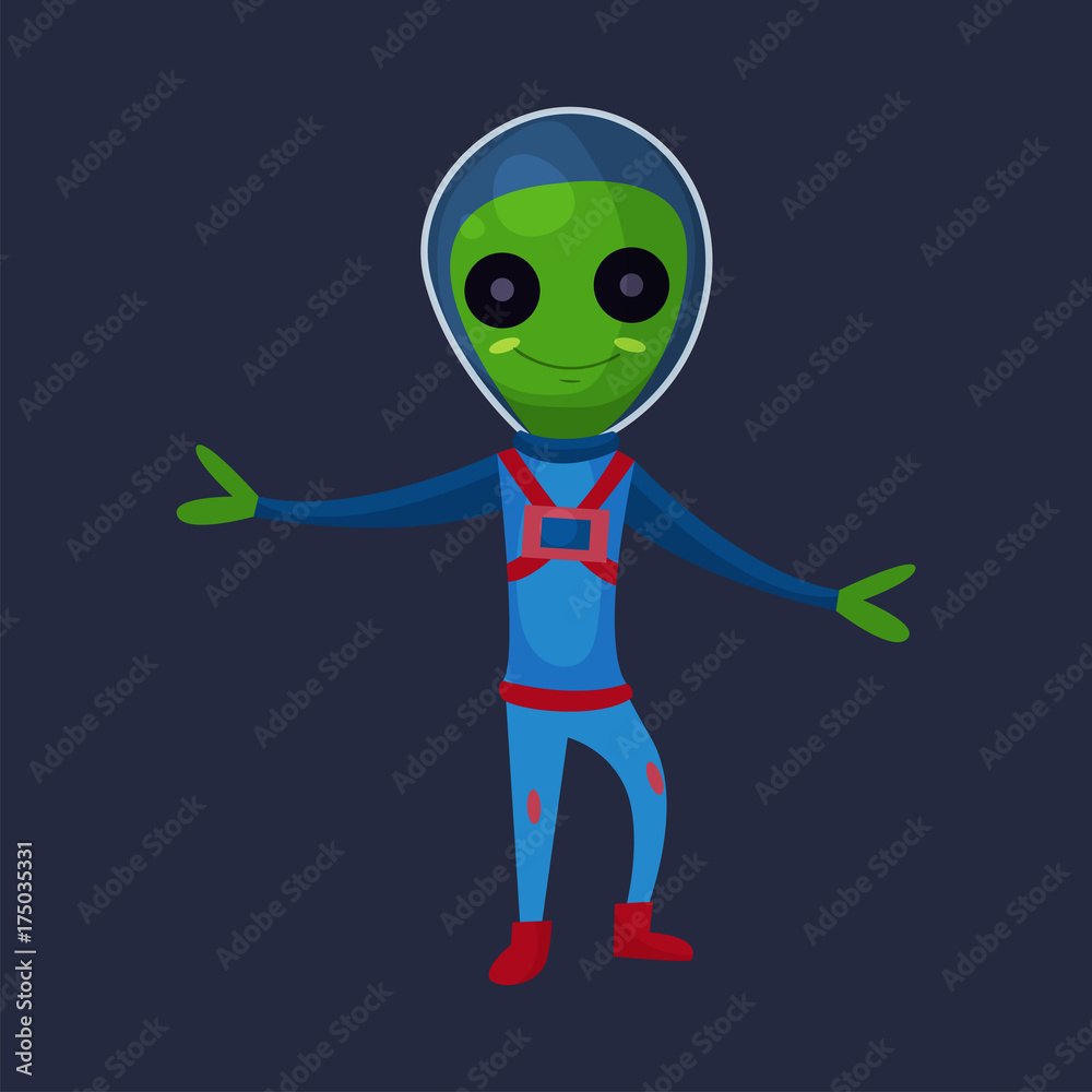 Smiling green alien with big eyes wearing blue space suit, alien ...