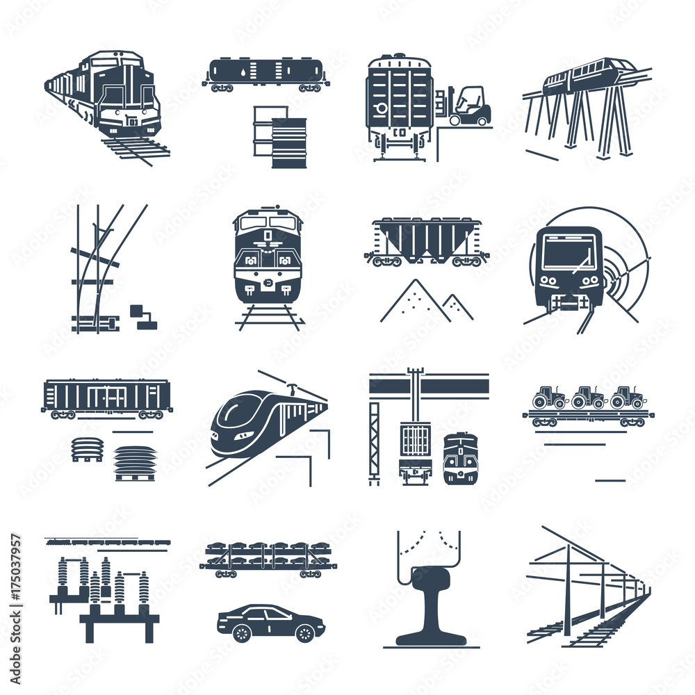 set of black icons freight and passenger rail transport, railway, train ...