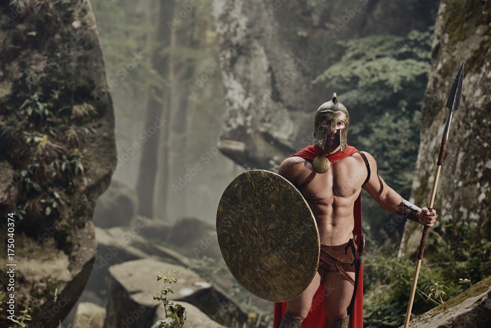 Young muscular man holding shield and spear posing in armor of ancient ...