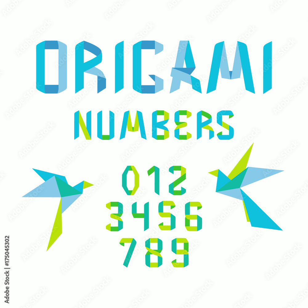 Poster with birds and paper folded numbers in origami style on white ...