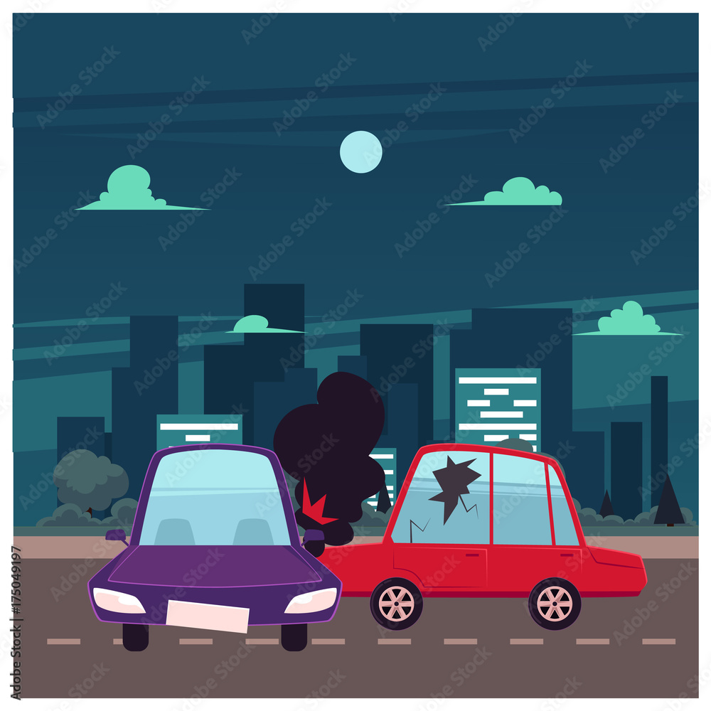 vector flat cartoon car crash, accident scene. One vehicle lost its ...