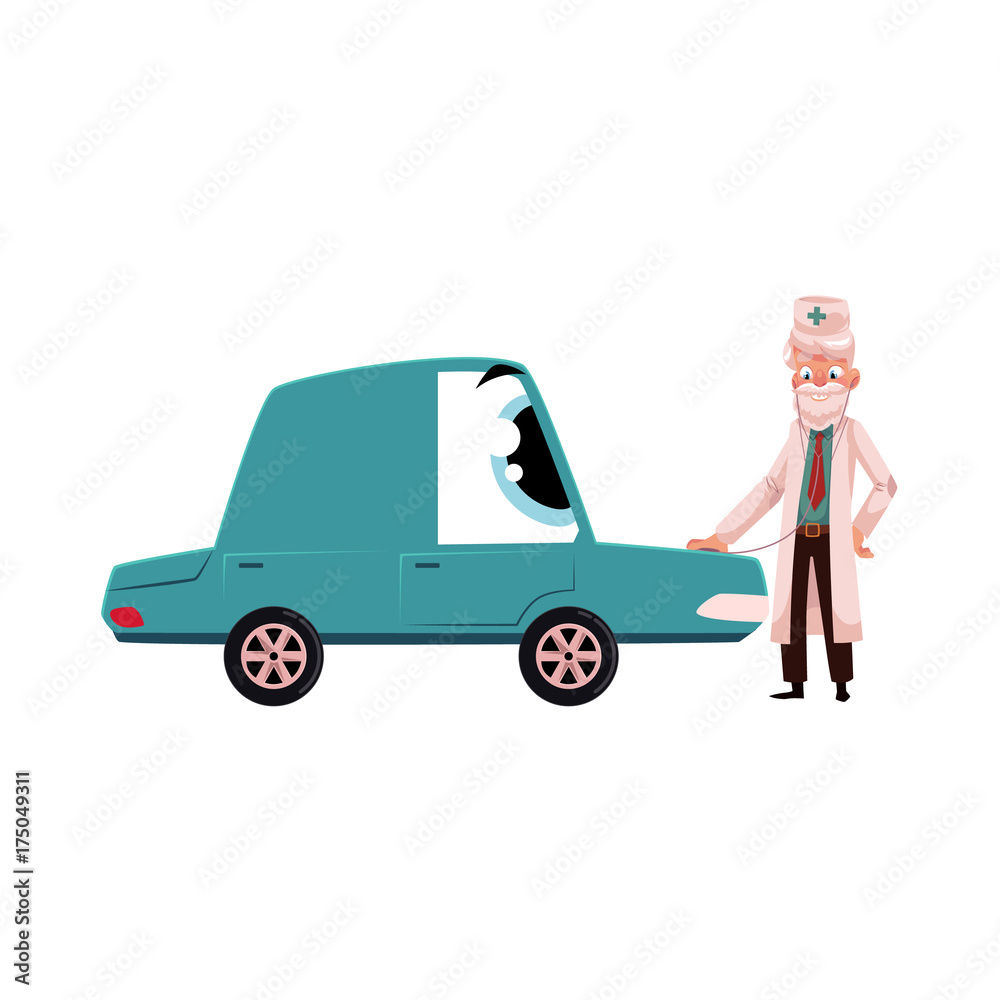 Old male doctor checking health of funny car character with stethoscope ...