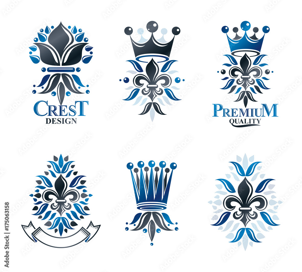 Royal symbols Lily Flowers, floral and crowns, emblems set. Heraldic ...