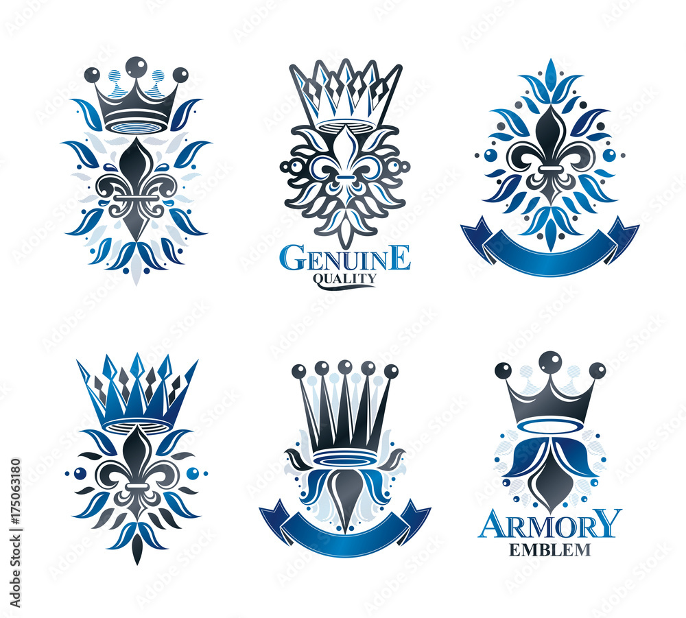 Royal symbols Lily Flowers, floral and crowns, emblems set. Heraldic ...