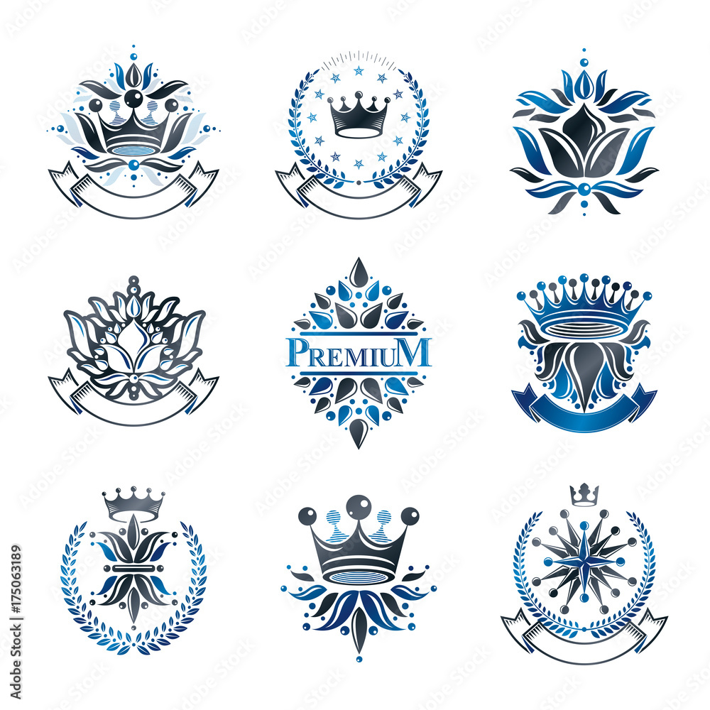 Flowers, Royal symbols, floral and crowns, emblems set. Heraldic Coat ...