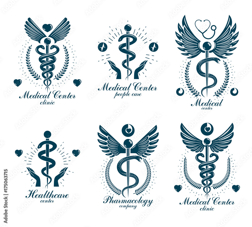 Aesculapius Greek vector abstract logotypes composed with wings, heart ...
