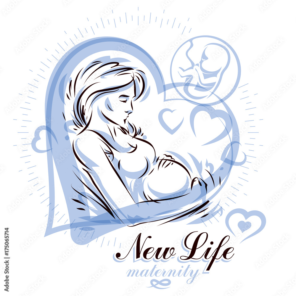 Pregnant female body shape hand drawn vector illustration, beautiful ...