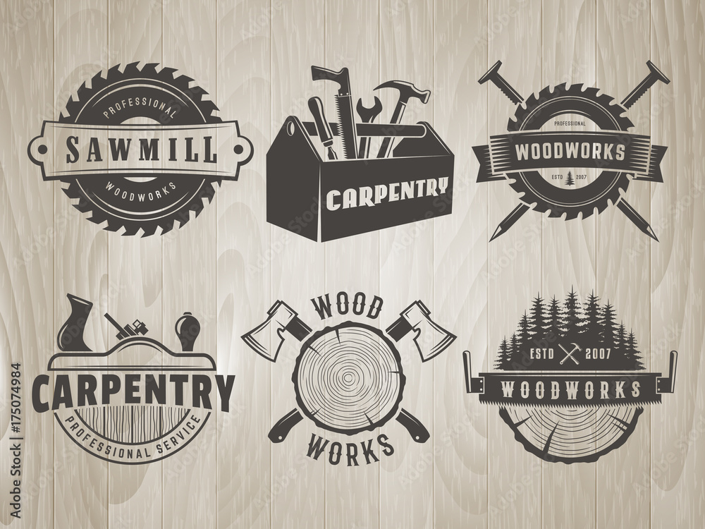 Woodwork logos. Vector badges for carpentry, sawmill, lumberjack ...