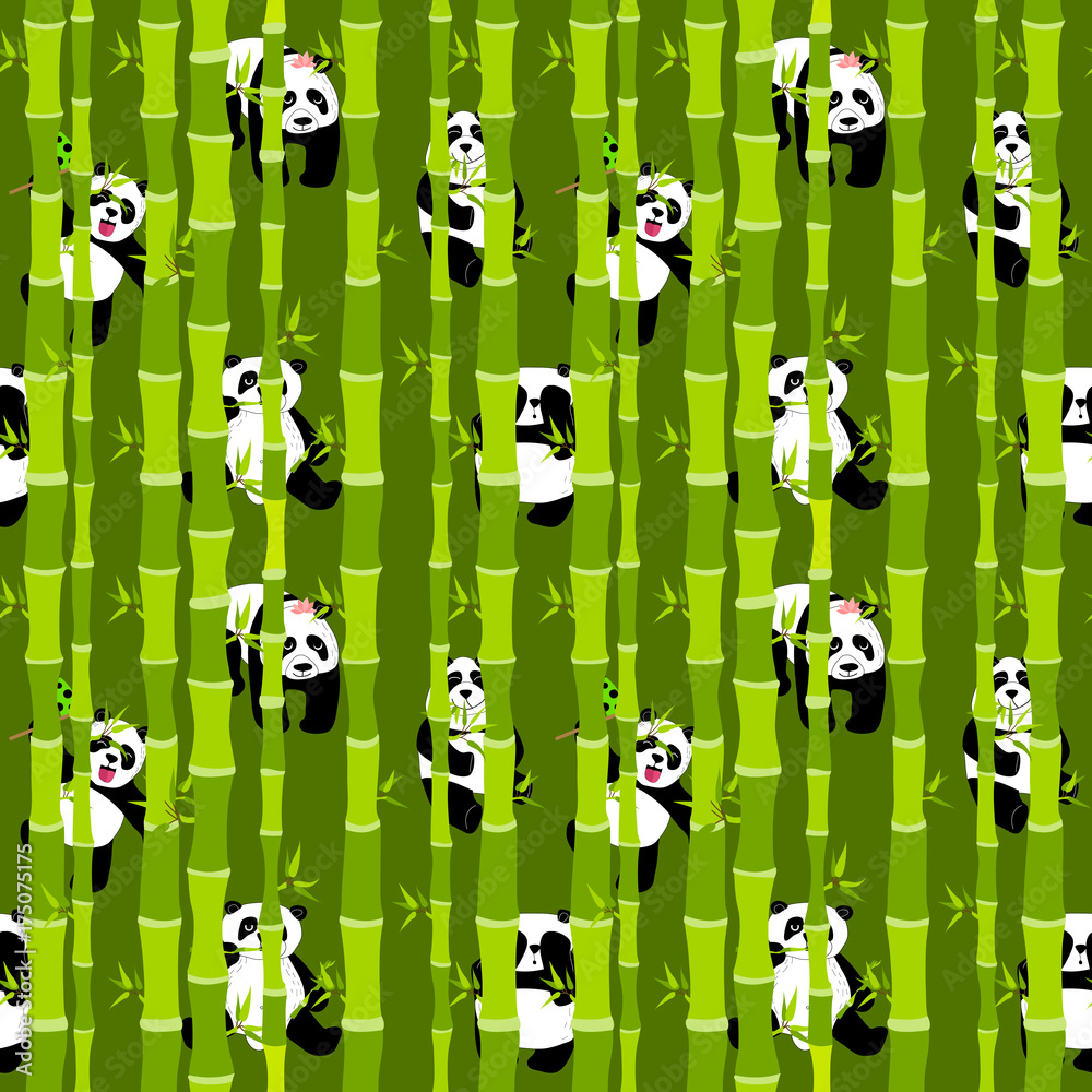 Cute and funny pandas in the green bamboo forest. Stock Vector | Adobe ...