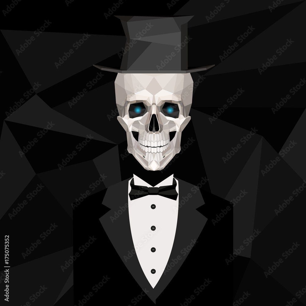 Vintage male skeleton in black suit and top hat in low poly style ...