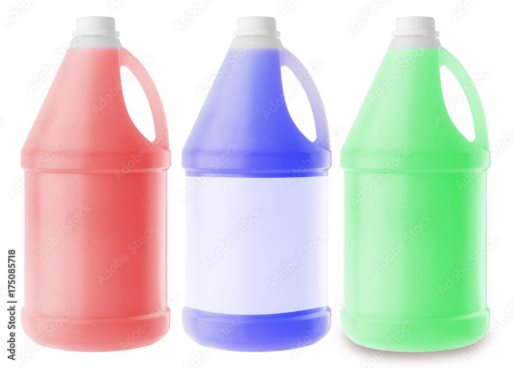 gallon full of red blue and green detergent on white, include clipping ...