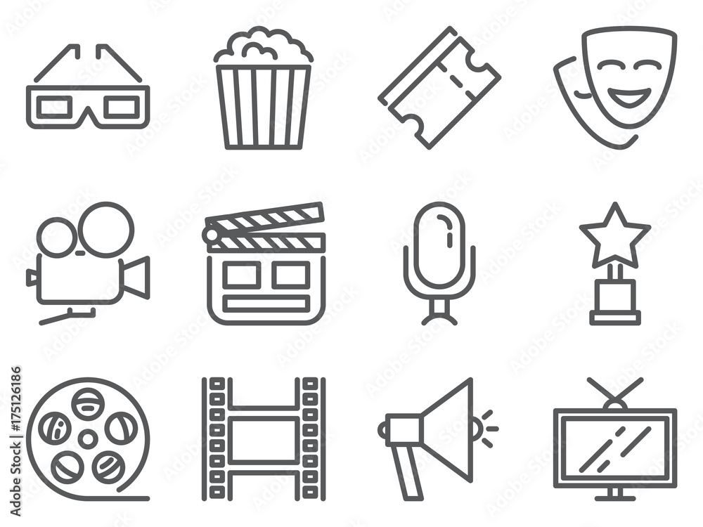 Cinema pixel perfect icons. Set of line pictograms of 3D glasses, pop ...