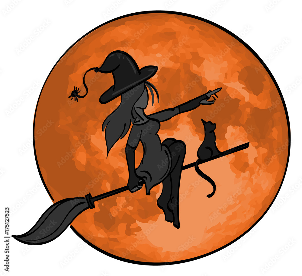 Witch with her black cat on a broomstick flying in front of a full moon ...