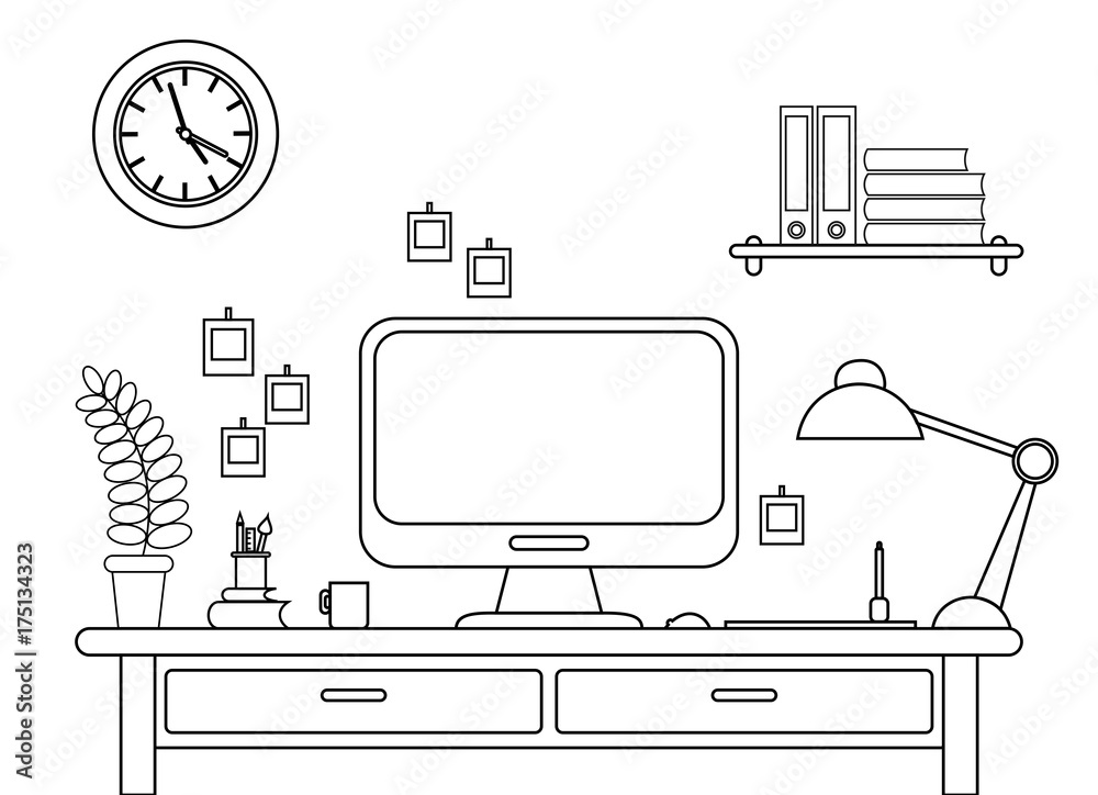Vector illustration of desk with a computer or workplace in office ...