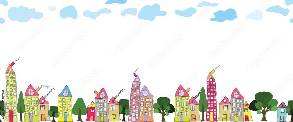 Seamless border of hand drawn city houses on transparent background ...