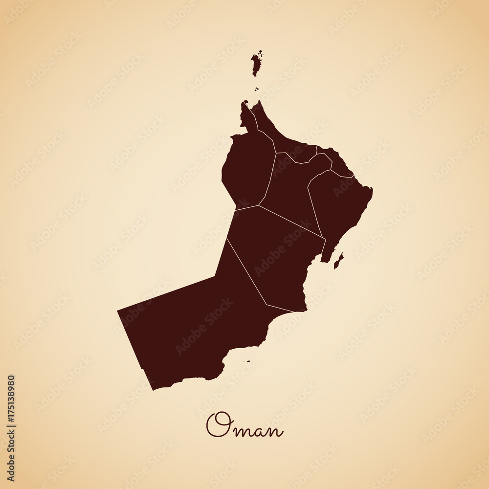Oman region map: retro style brown outline on old paper background ...
