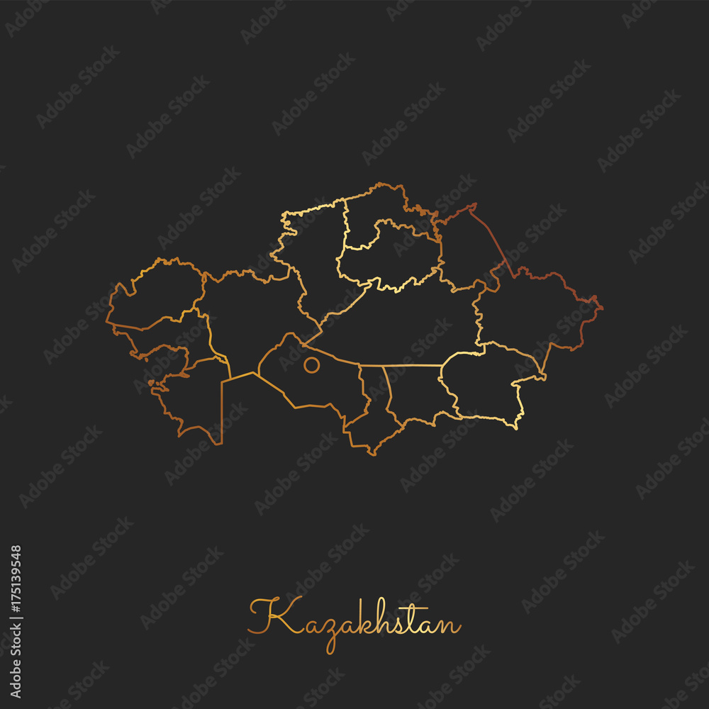 Kazakhstan region map: golden gradient outline on dark background ...