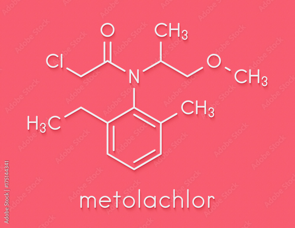 Metolachlor herbicide (weed killer) molecule. Skeletal formula ...