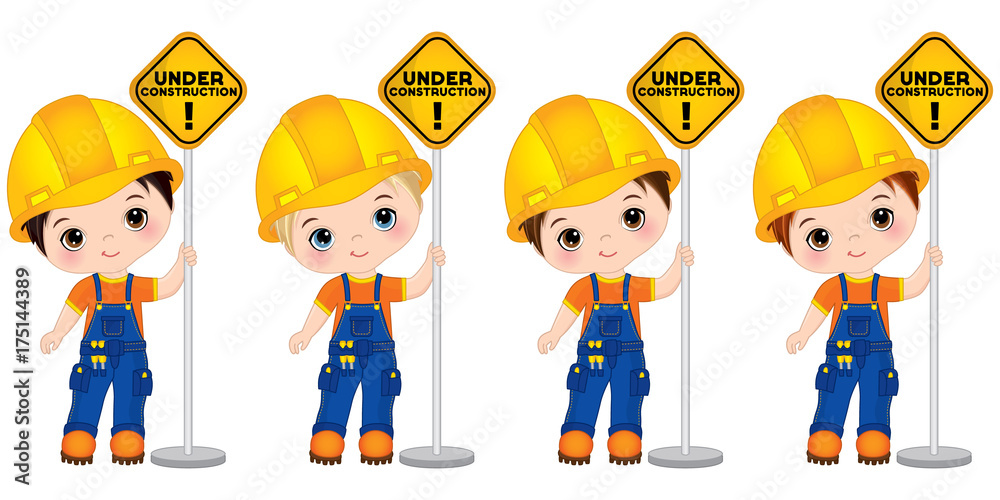 Vector Cute Little Boys Holding the Sign - Under Construction. Vector ...