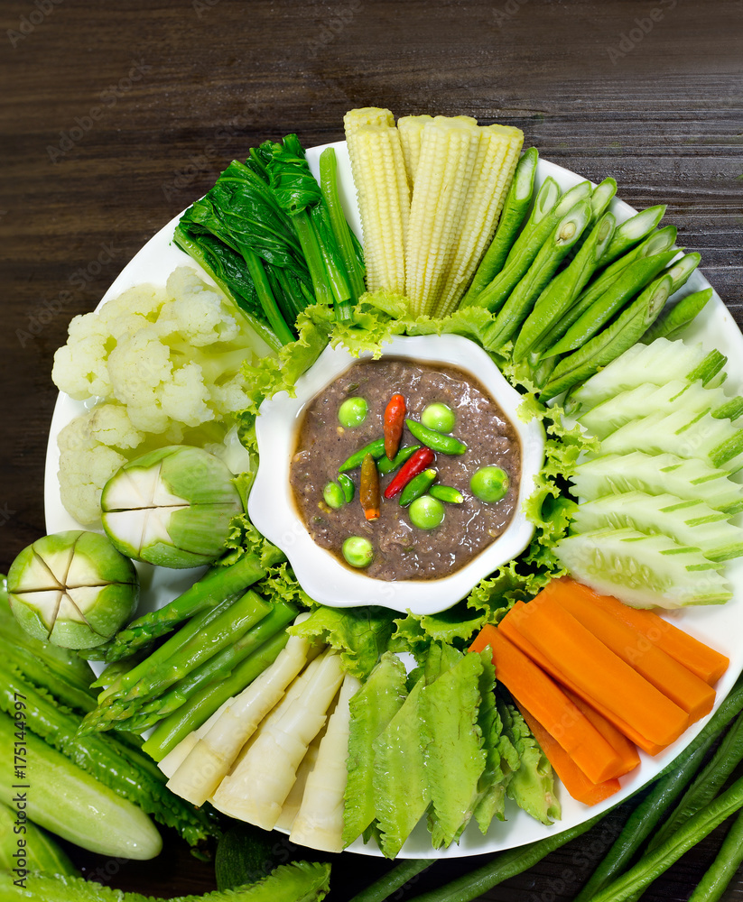 Thai shrimp paste (Nam prik kapi) Thai food with fresh vegetables Stock ...